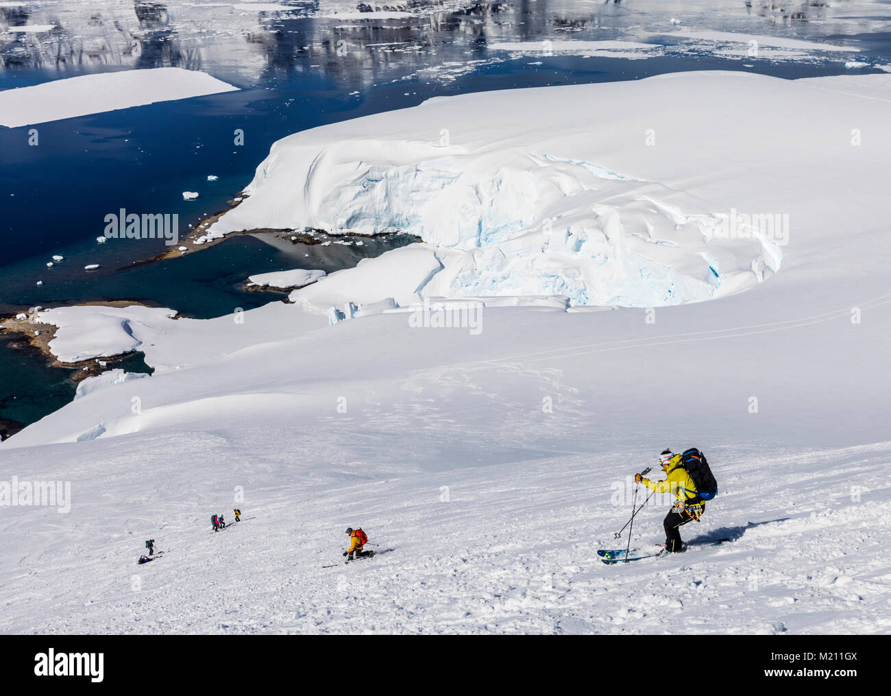Alpine & telemark ski mountaineers skiing downhill in Antarctica ...