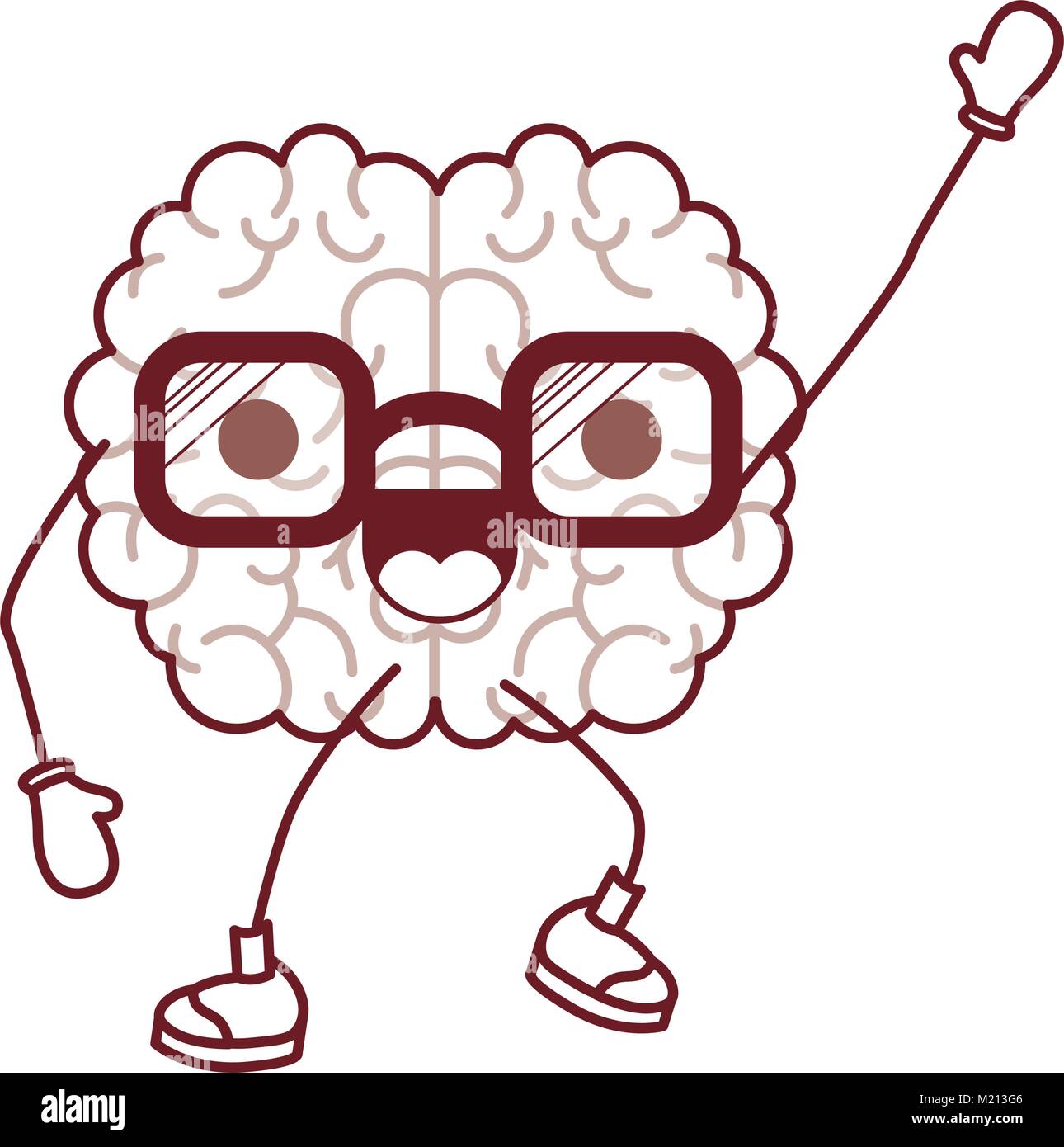 brain cartoon with glasses and cheerful expression in dark red contour ...