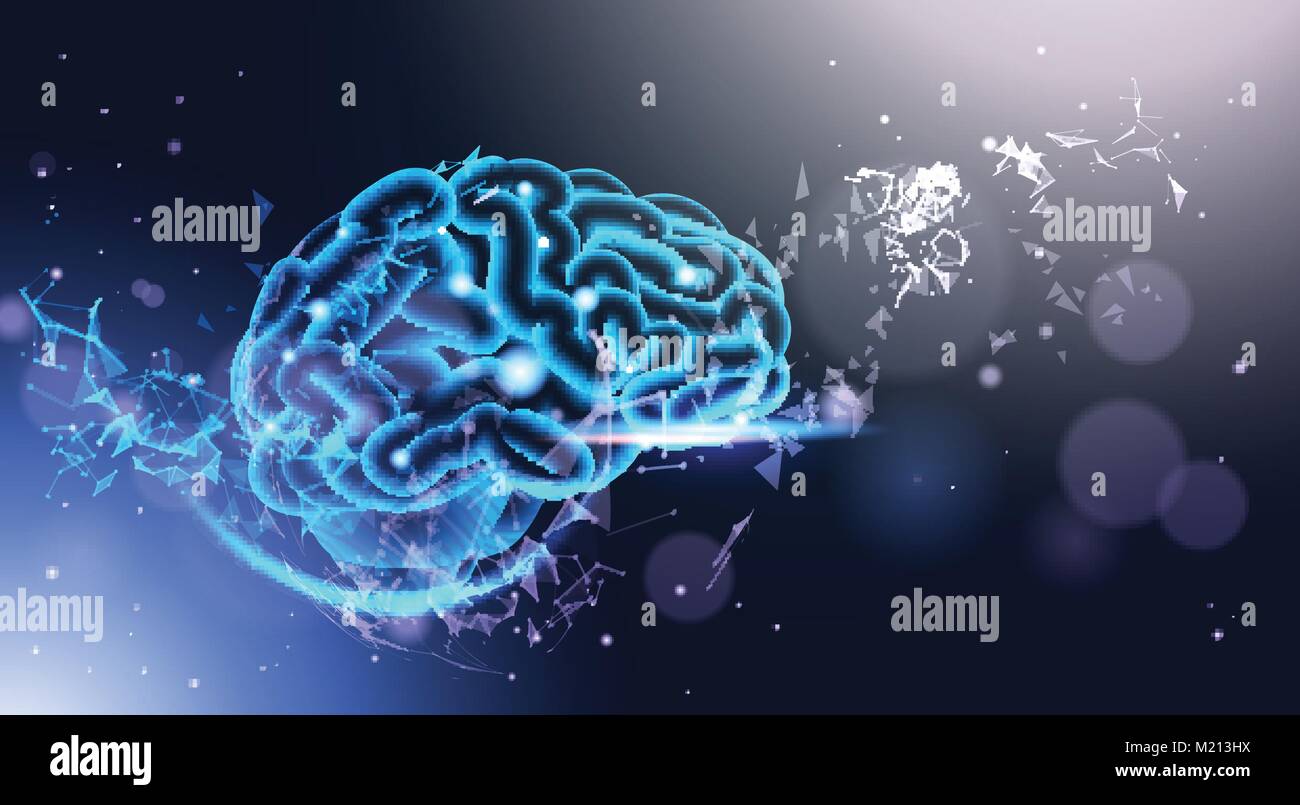 Glowing Human Brain On Poligonal Background With Shining Bokeh Light ...
