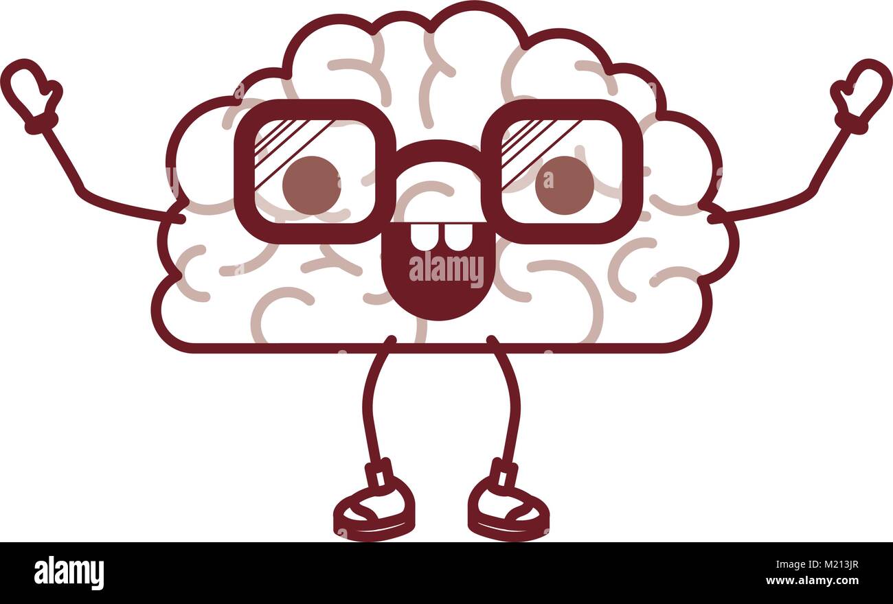 brain cartoon with glasses and happy expression in dark red contour ...