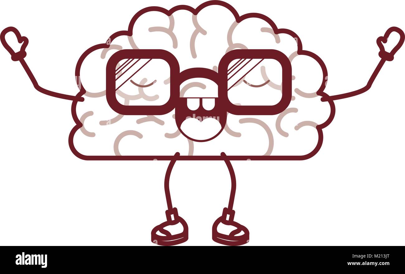brain cartoon with glasses and emotional expression in dark red contour ...