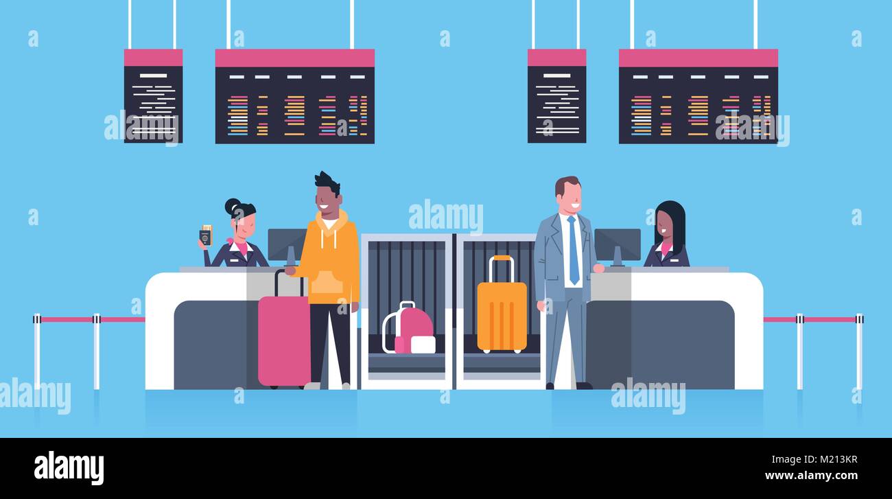 Check In Airport With Stuff Workers On Counter And Male Passengers With ...