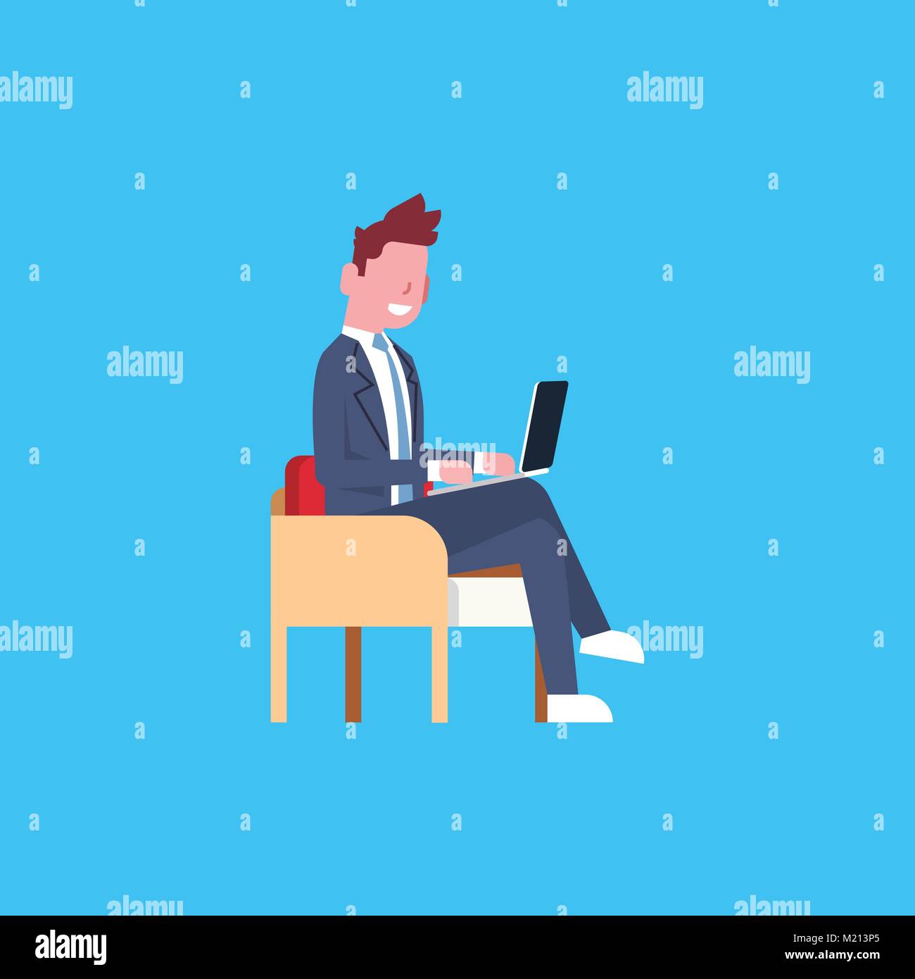 Business Man Sit Using Laptop Computer Male Office Worker Character ...