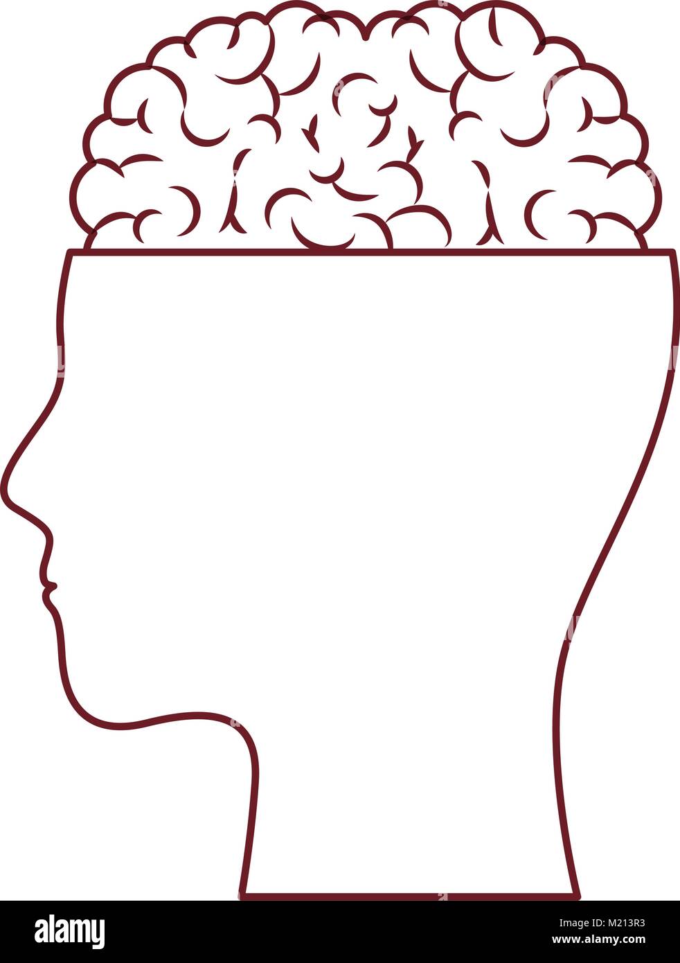 human face brown silhouette with brain exposed in dark red contour ...