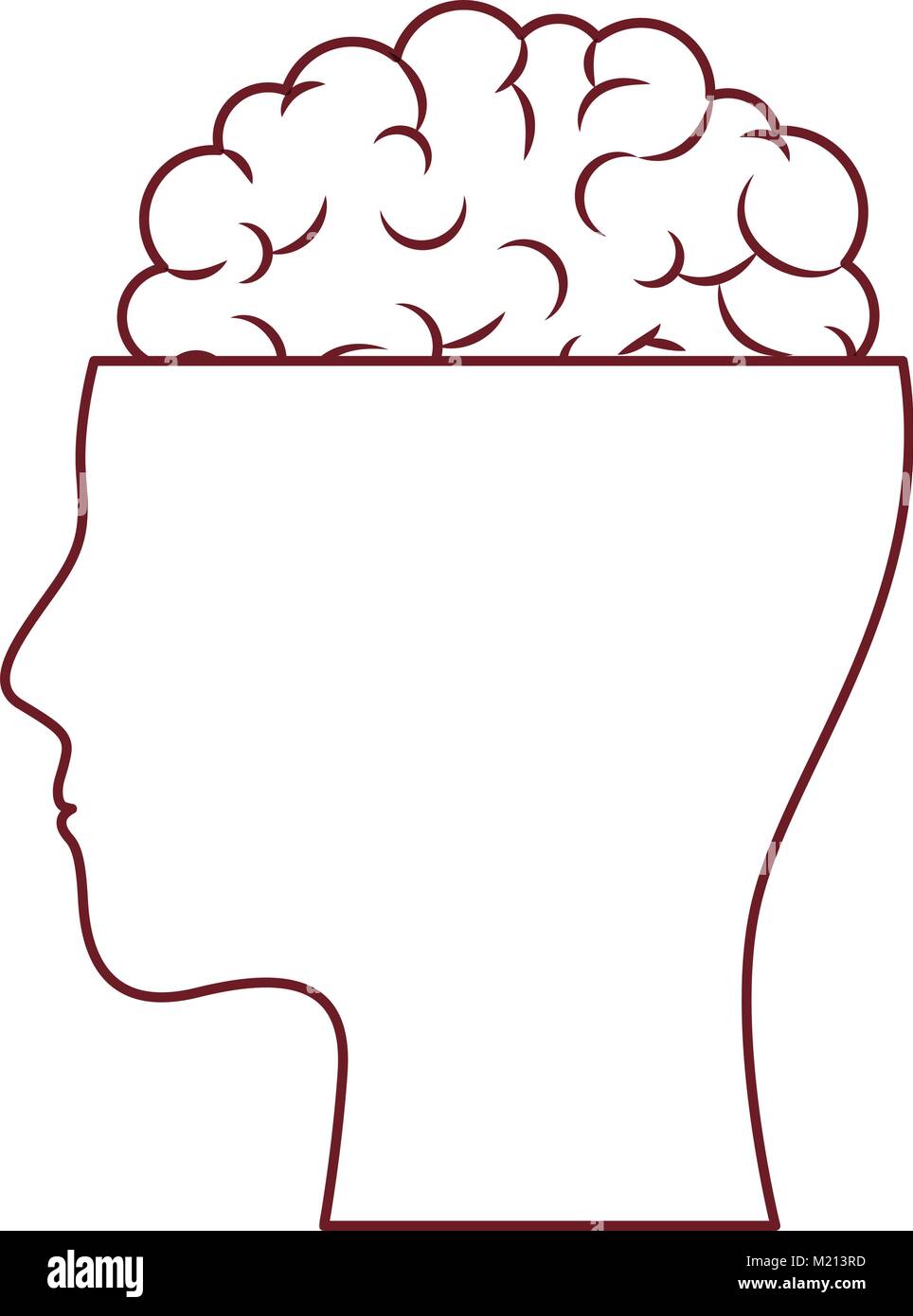 human face brown silhouette with brain exposed in dark red contour ...