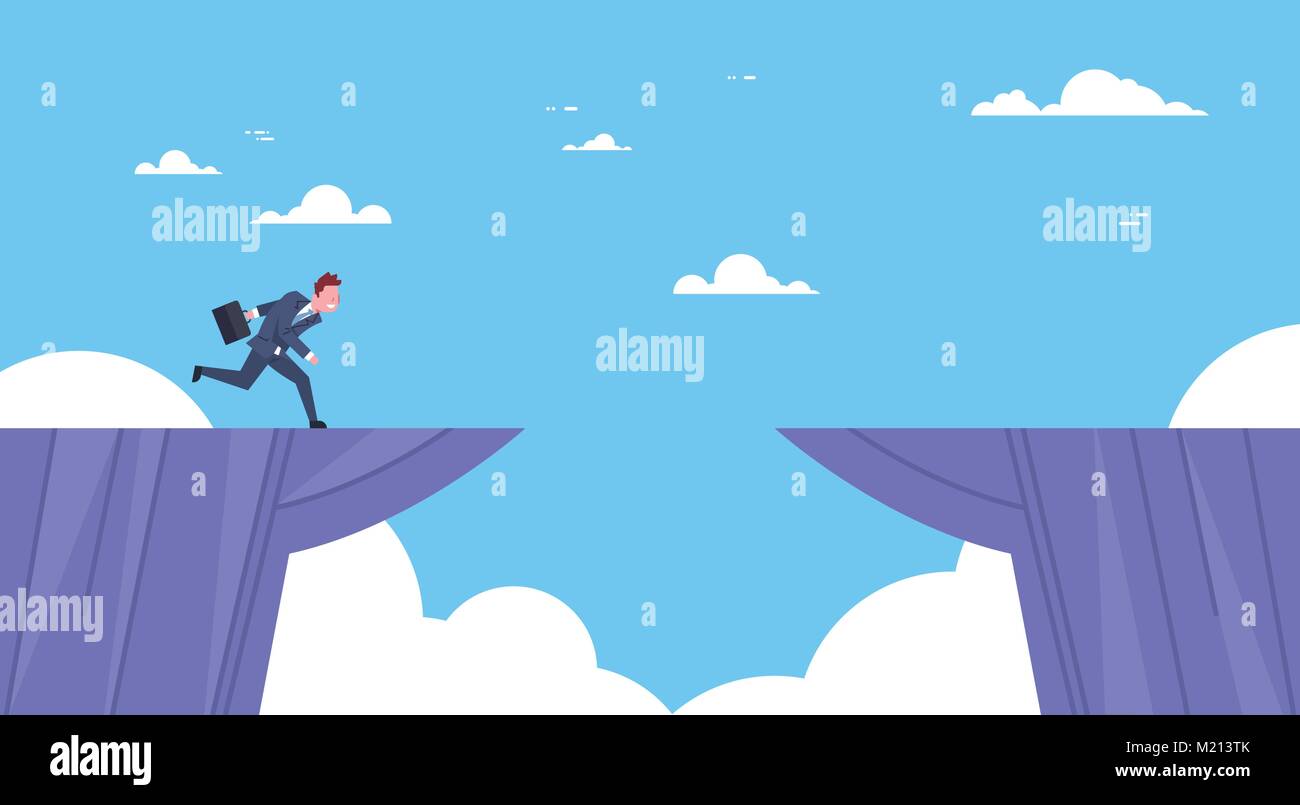 Businessman Jumping Over Mountain Gap Business Risk and Danger Concept ...