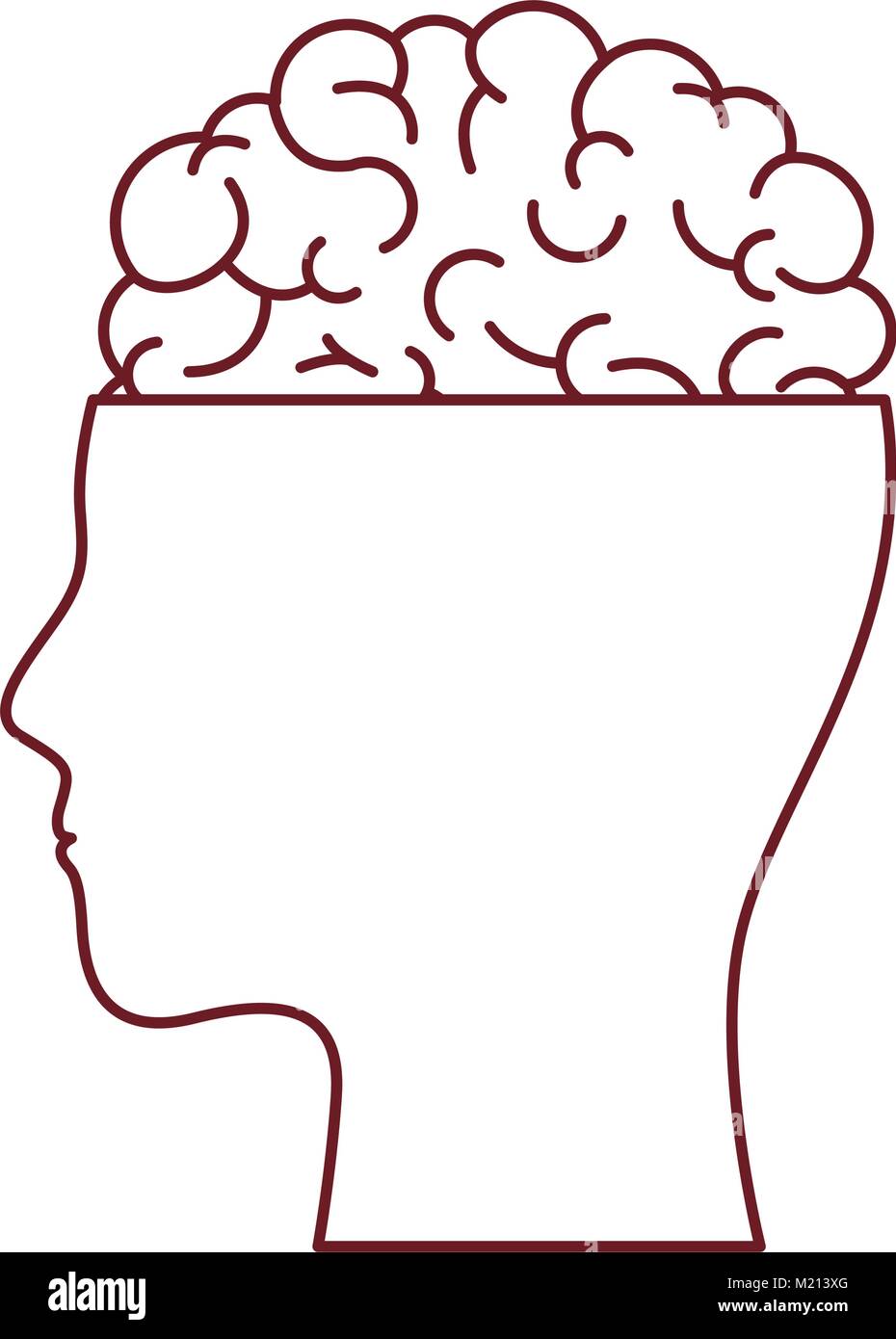 human face brown silhouette with brain exposed in dark red contour ...
