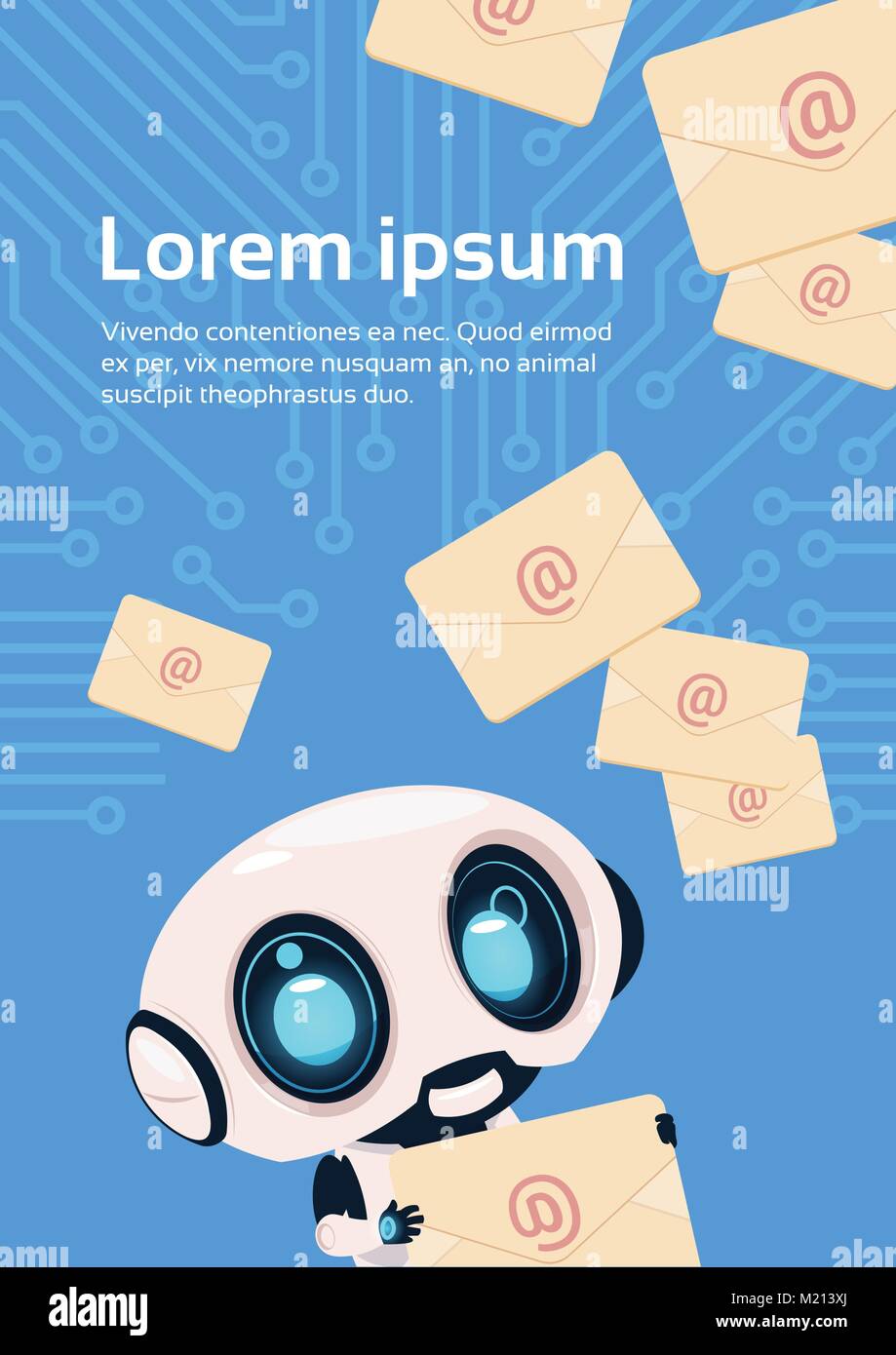 Cute Chat Bot Robot With Email Envelopes Over Circuit Background With ...