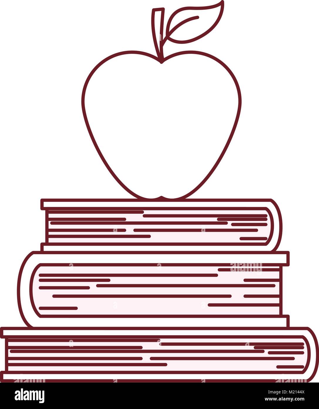 books stacked with apple on top in thin dark red contour Stock Vector ...