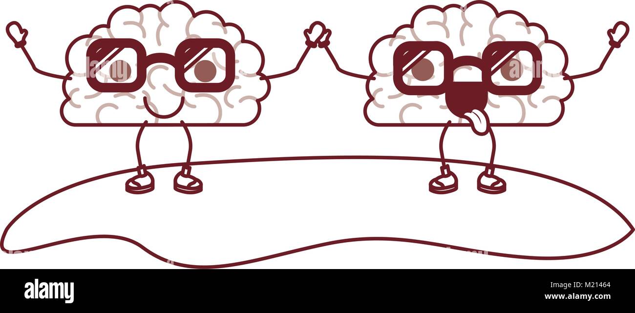 cartoon brains couple and both with glasses and holding hands with calm ...