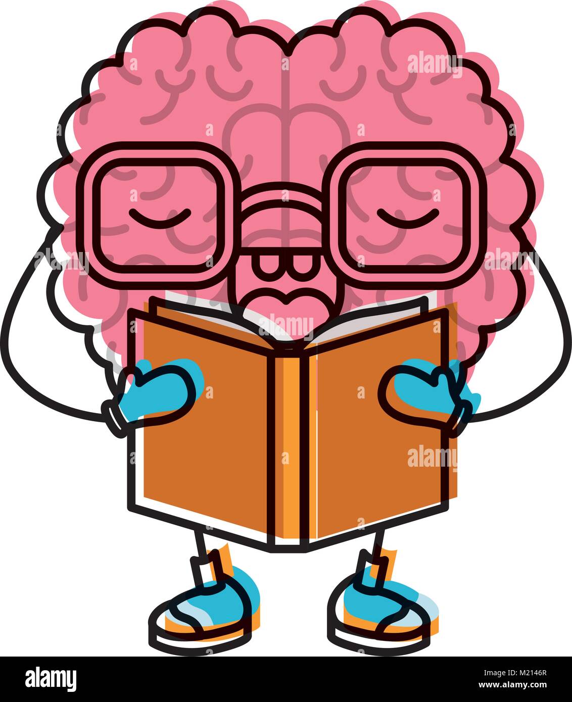 brain cartoon with glasses and book and concentrated expression in ...