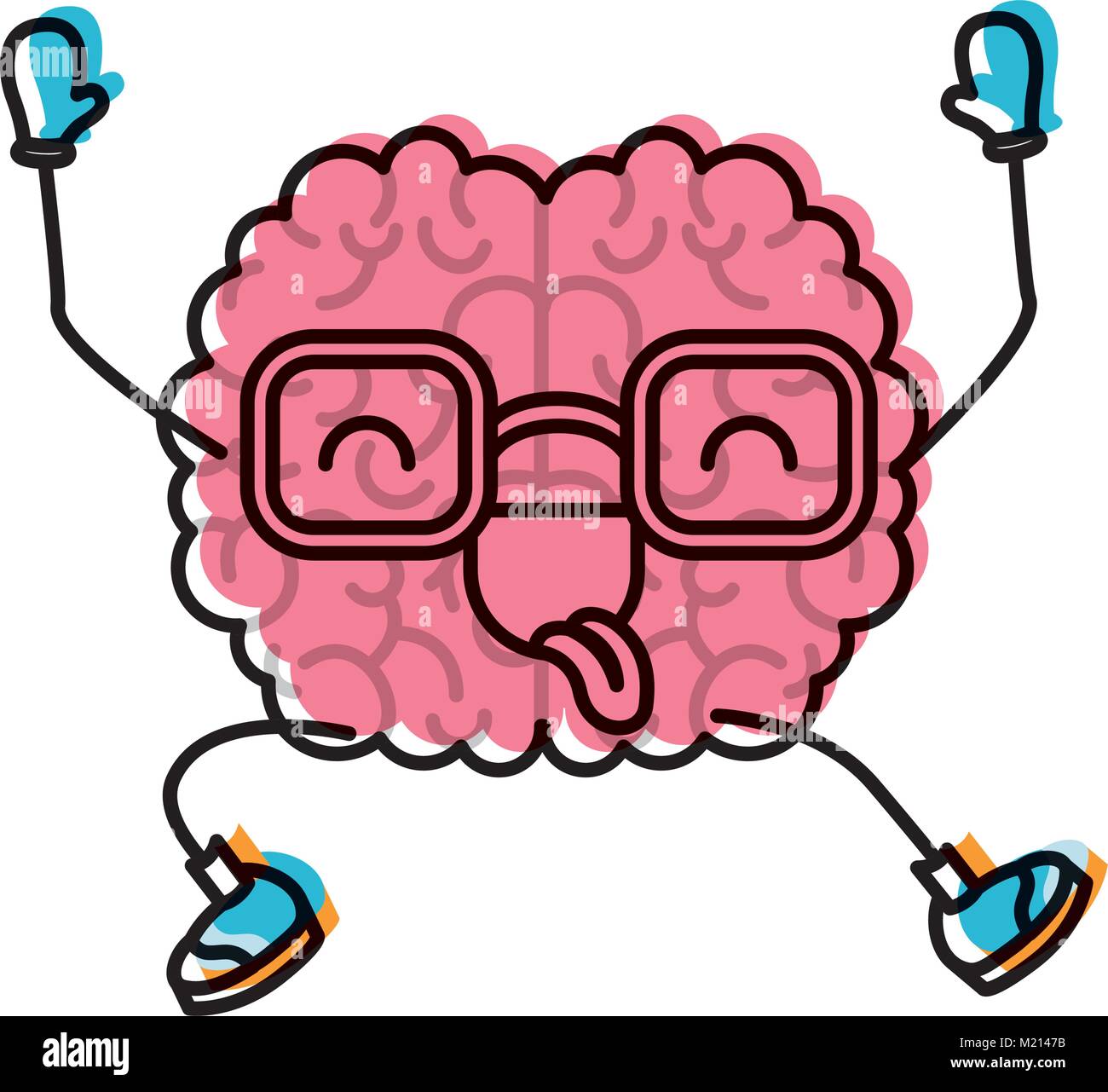 brain cartoon with glasses jumping for joy in watercolor silhouette ...