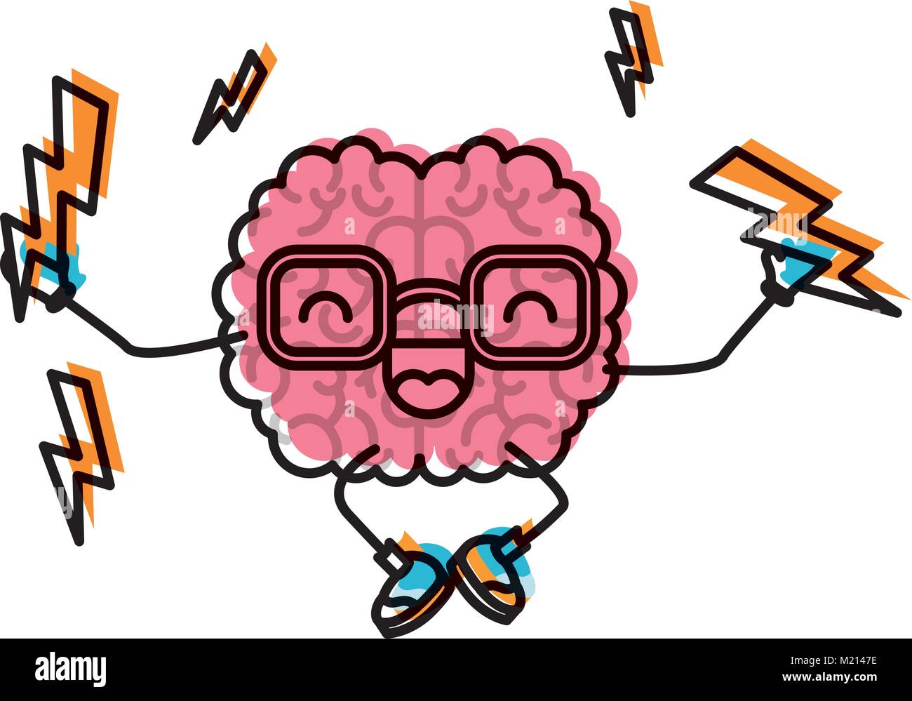 brain cartoon with glasses jumping for joy with lightings around in ...
