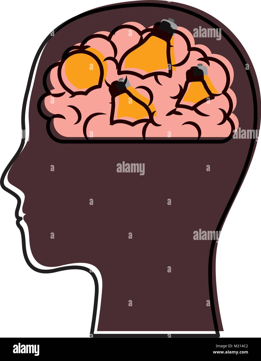 human face brown silhouette with brain and light bulbs in watercolor ...