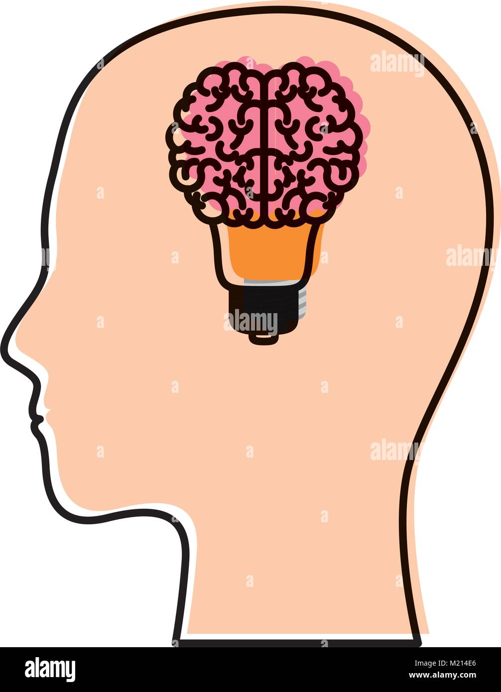 human face silhouette with brain in shape bulb on top in watercolor ...