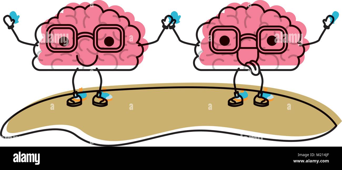 cartoon brains couple and both with glasses and holding hands with calm ...