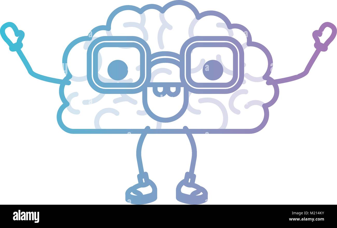 brain cartoon with glasses and happy expression in degraded blue to ...