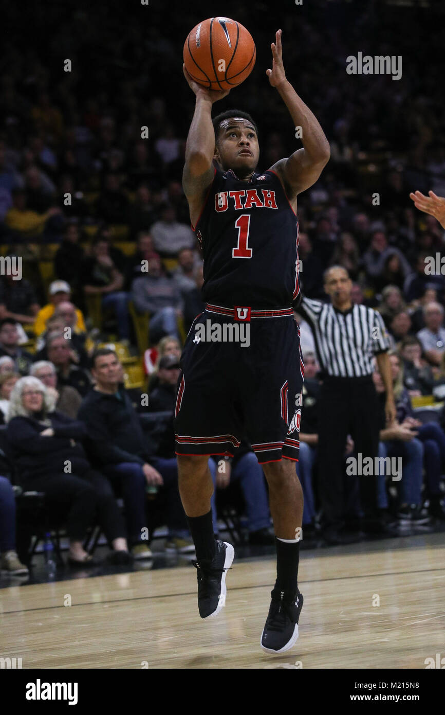 Boulder. 2nd Feb, 2018. Utah's Justin Bibbins shoots an open jumper ...
