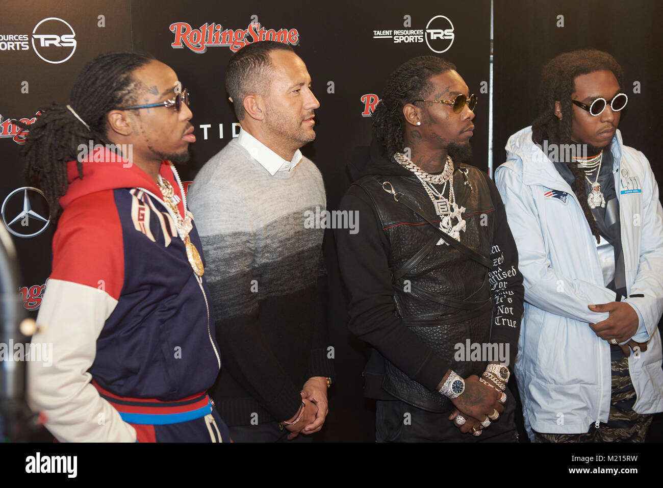 Minneapolis, USA, 3 Feb 2018. Migos pose with TR Sports founder David ...