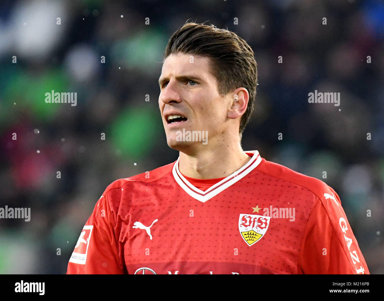 Wolfsburg, Germany. 3rd Feb, 2018. Stuttgart's Mario Gomez celebrates ...