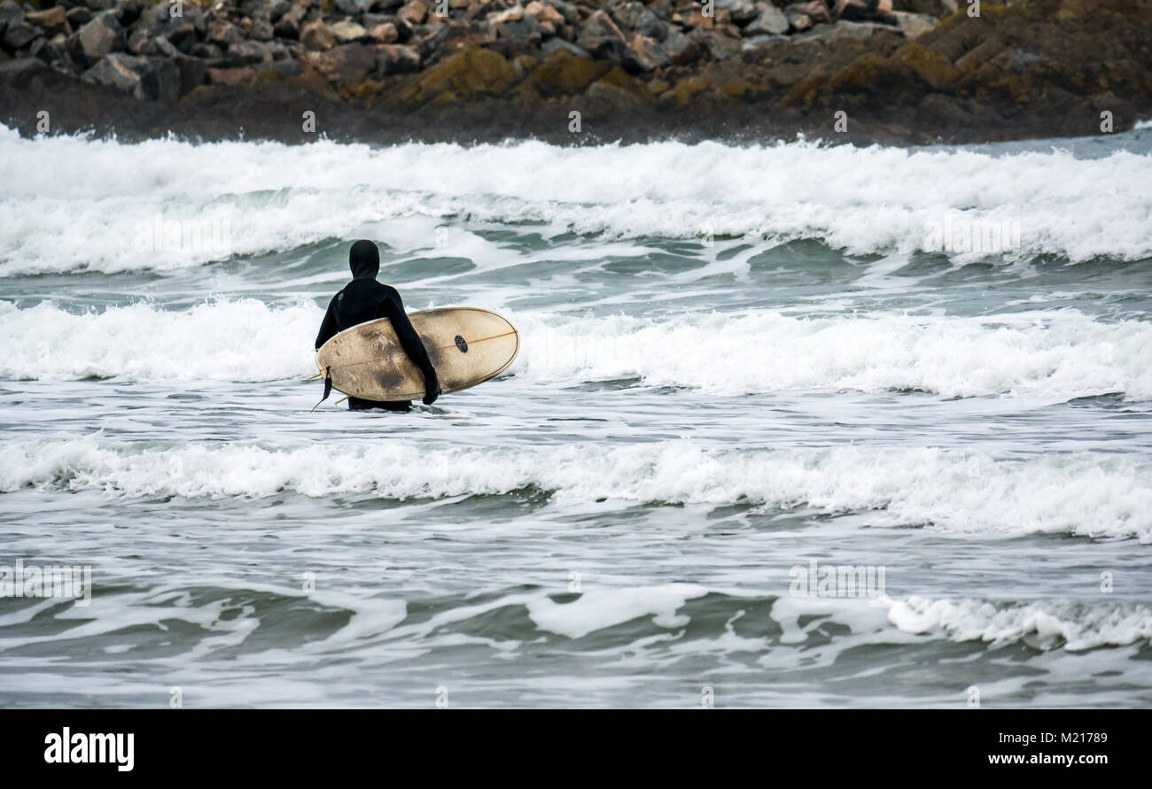 Sandend, Aberdeenshire, Scotland, United Kingdom. A surfer out in cold ...