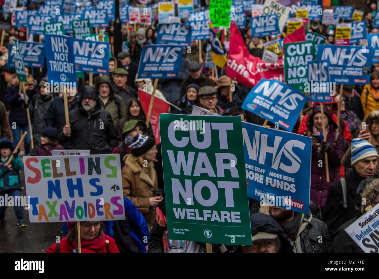 London, UK. 3 February, 2018. 'Cut war not welfare'. Thousands march ...