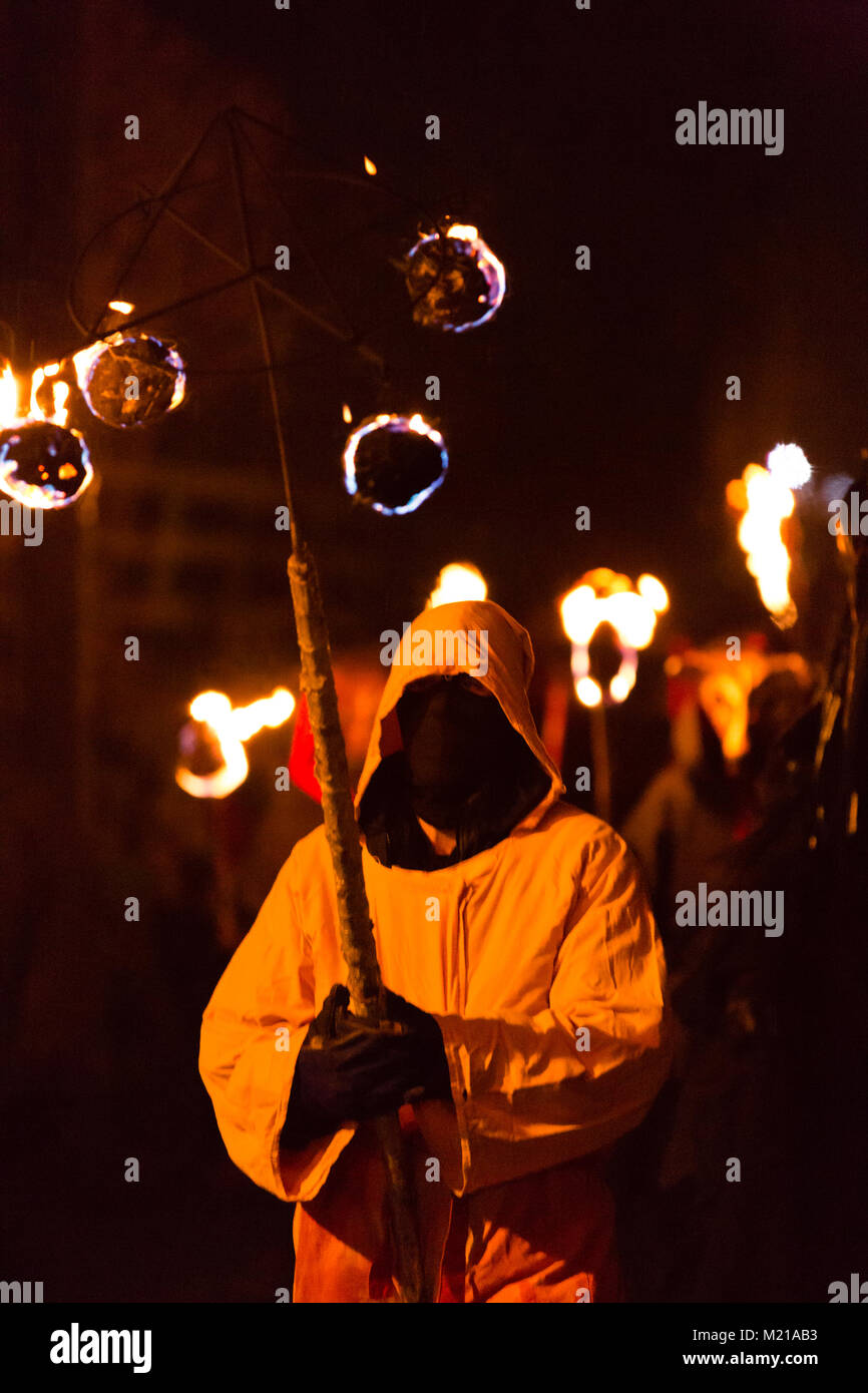 Marsden, UK. 03rd February, 2018. Masked figures lead the procession at ...