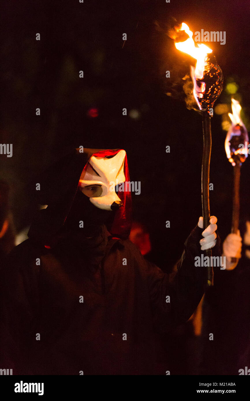 Marsden, UK. 03rd February, 2018. Masked figures lead the procession at ...