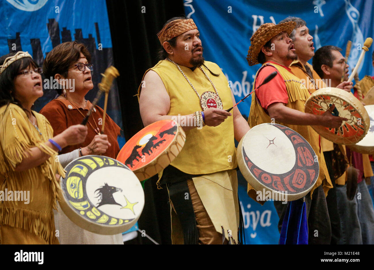 Vancouver, Canada. 3rd Feb, 2018. Indigenous community perform drums ...