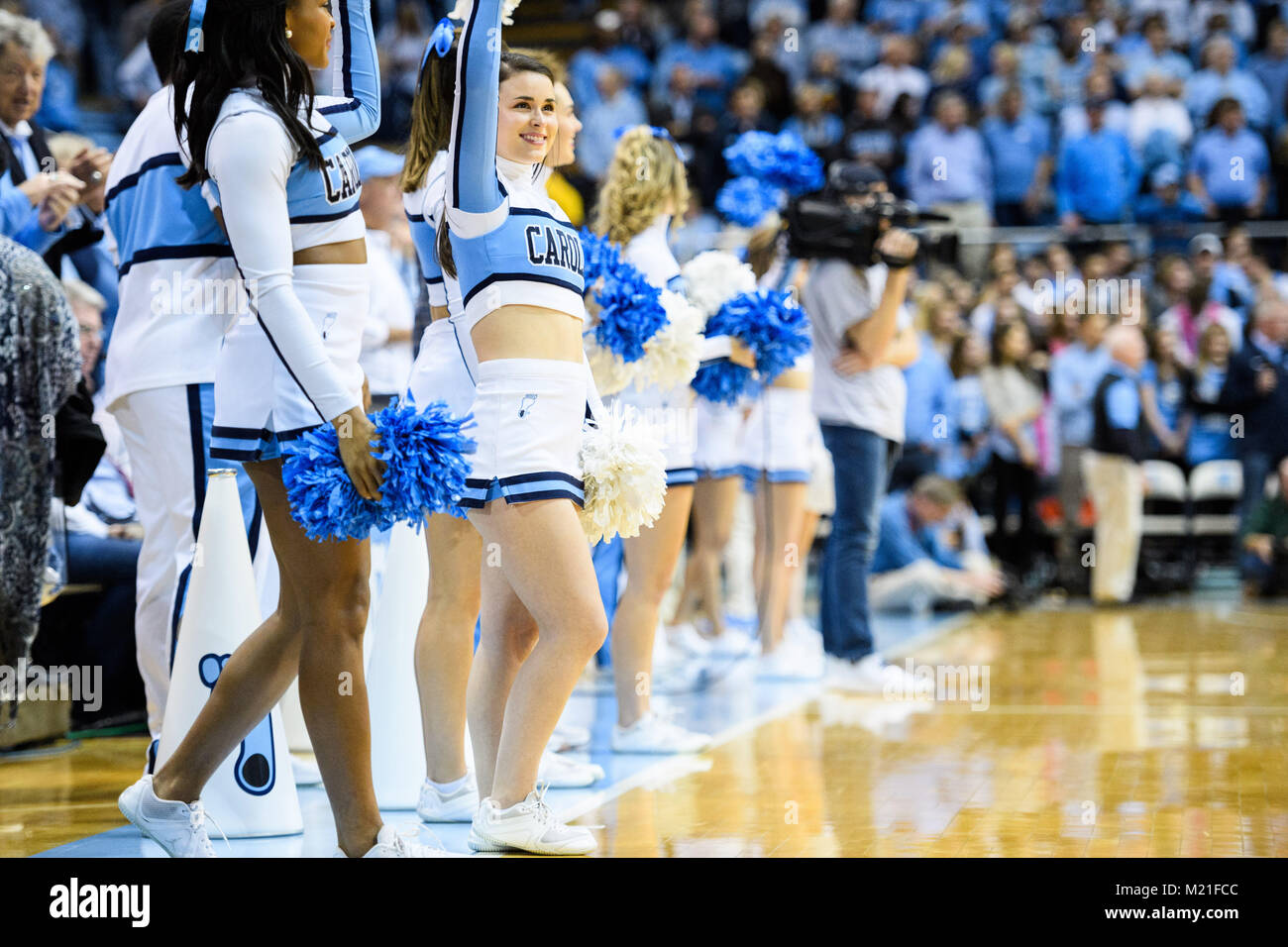 UNC cheerleaders during the NCAA College Basketball game between the ...