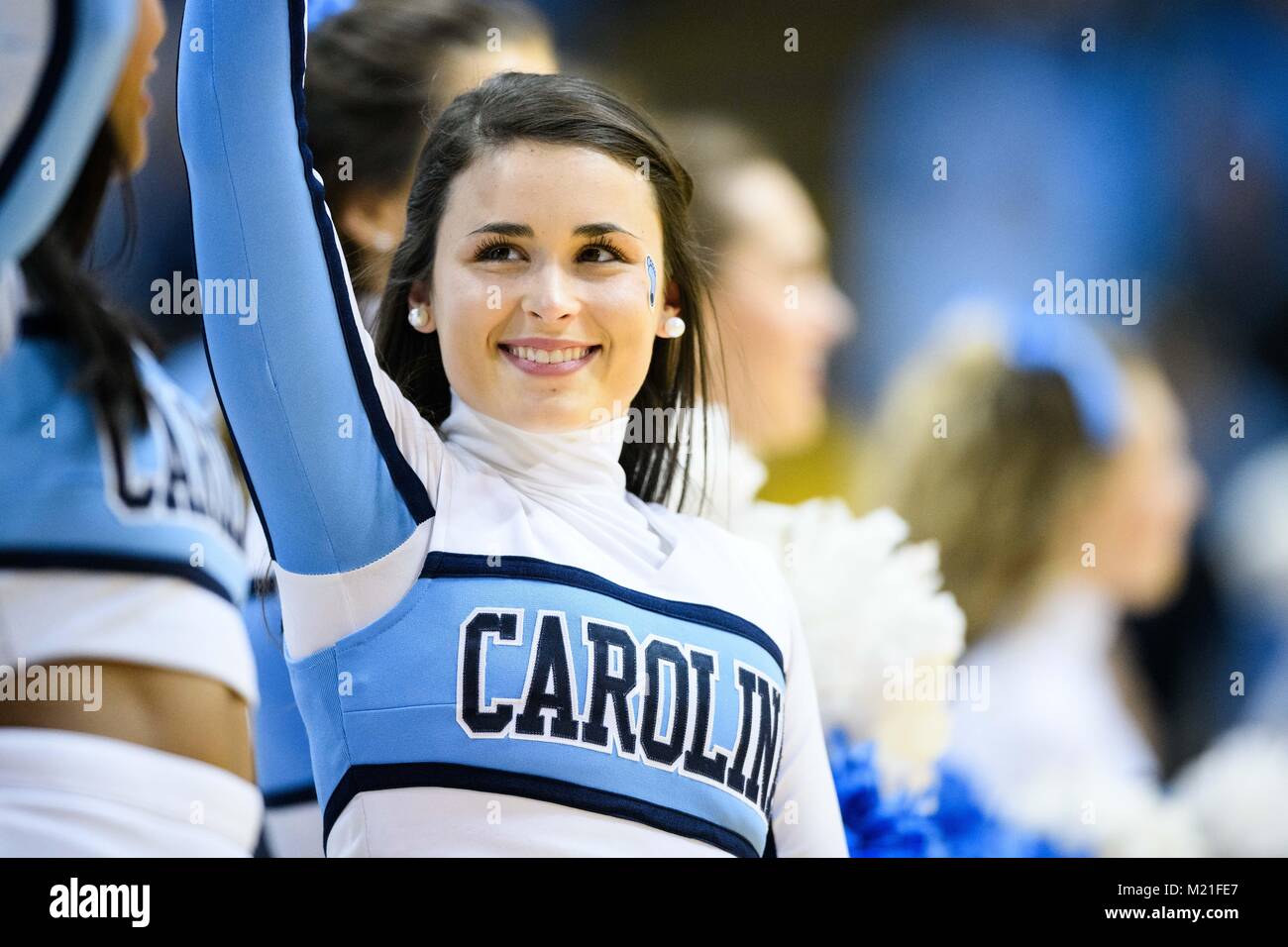 A North Carolina cheerleader during the NCAA College Basketball game ...