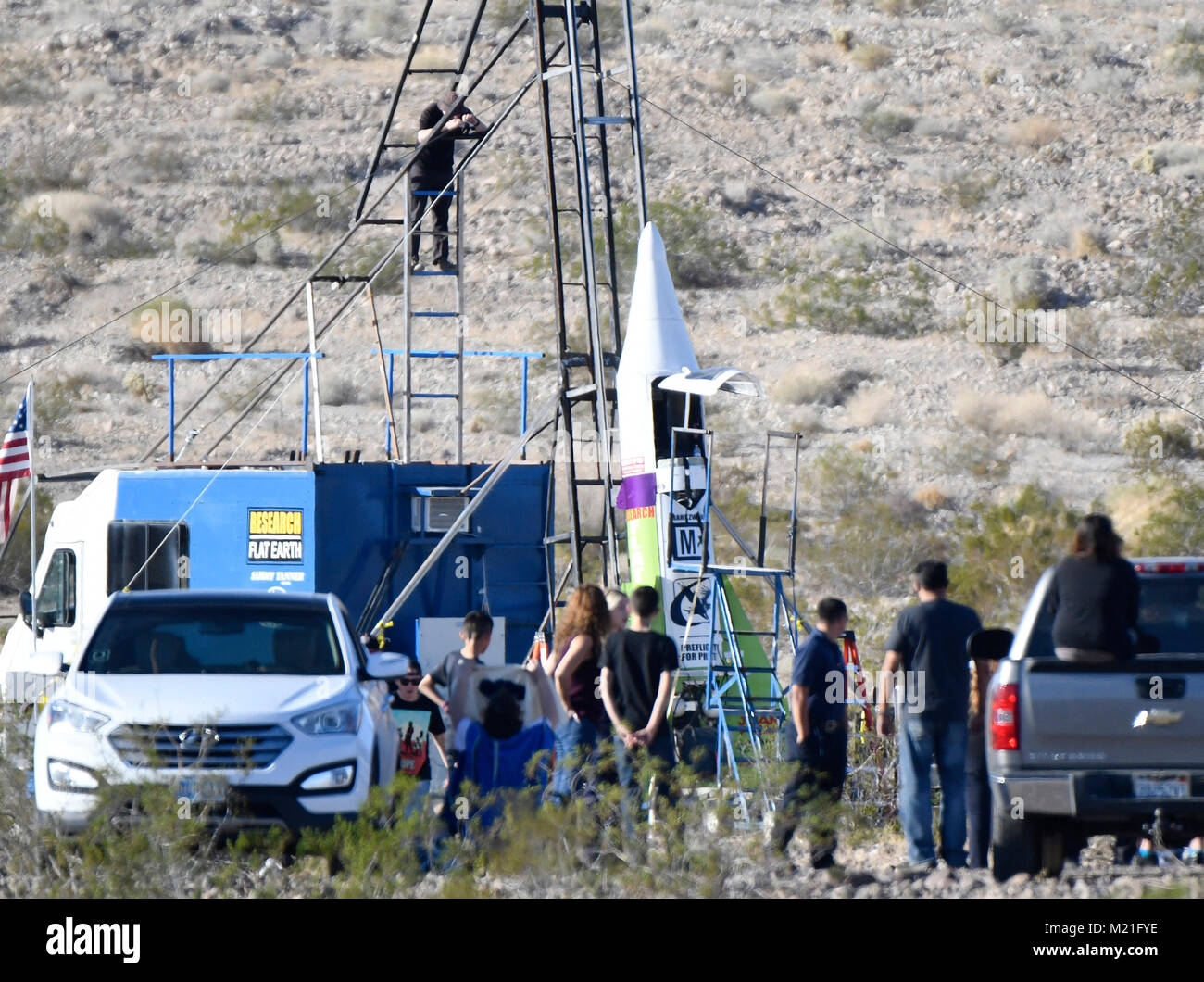 2-3-18. Amboy CA. ''Flat-Earther'' Mad Mike Hughes launch of his steam ...