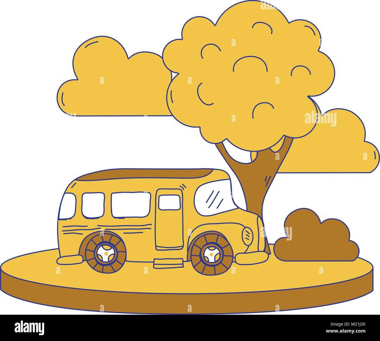 full color school bus in the city with clouds and tree Stock Vector ...