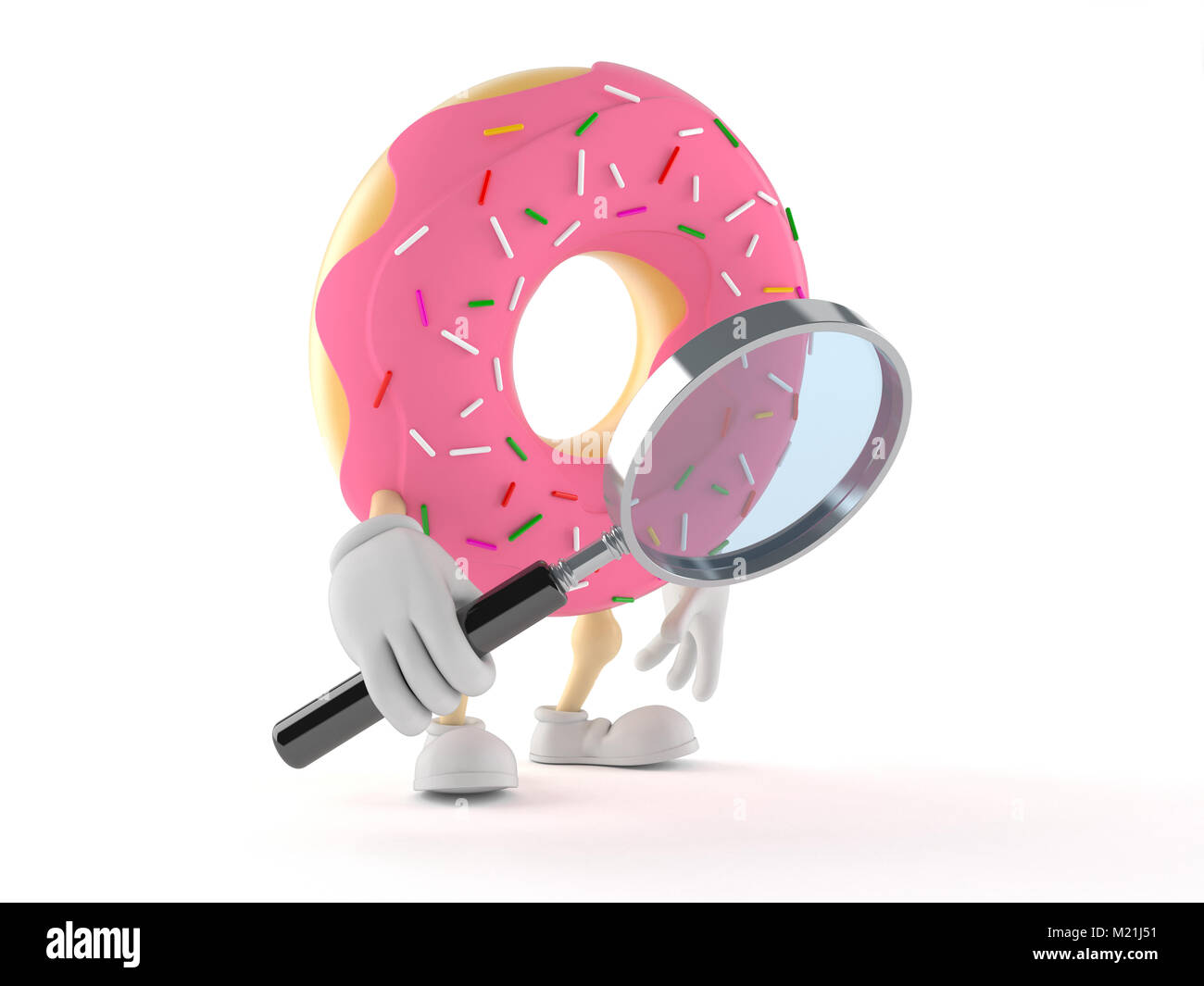 Donut character looking through a magnifying glass isolated on white ...