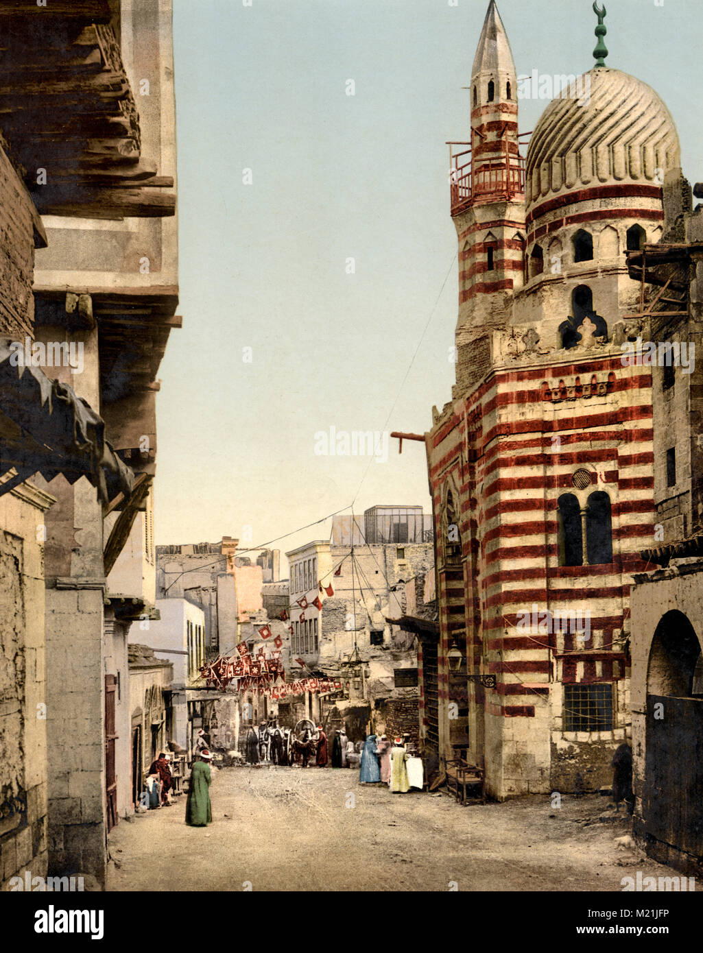 c.1890's Photochrome Egypt - Cairo street scene and mosque Stock Photo ...