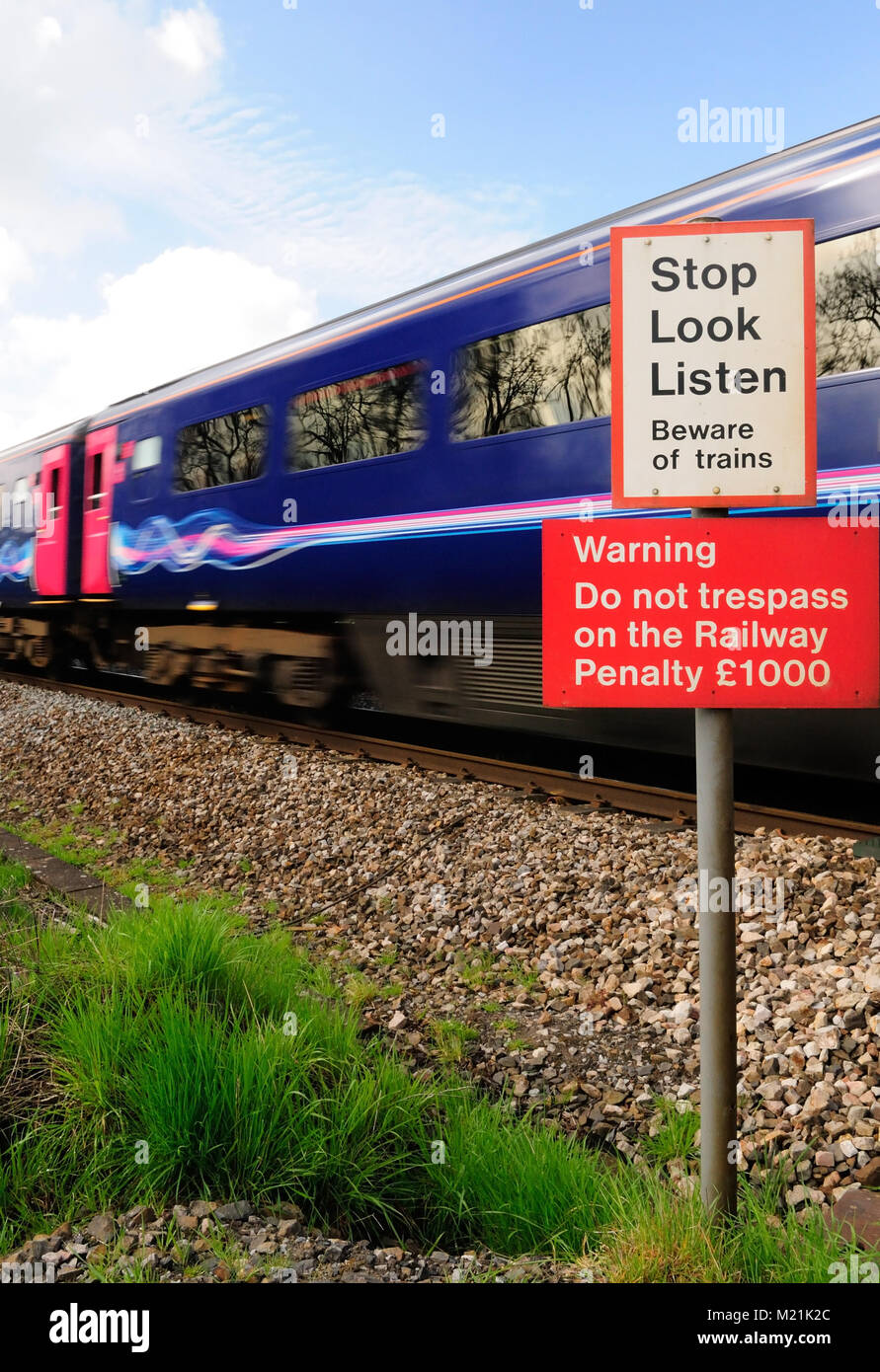 A Stop Look Listen warning sign at a footpath crossing as a high speed ...