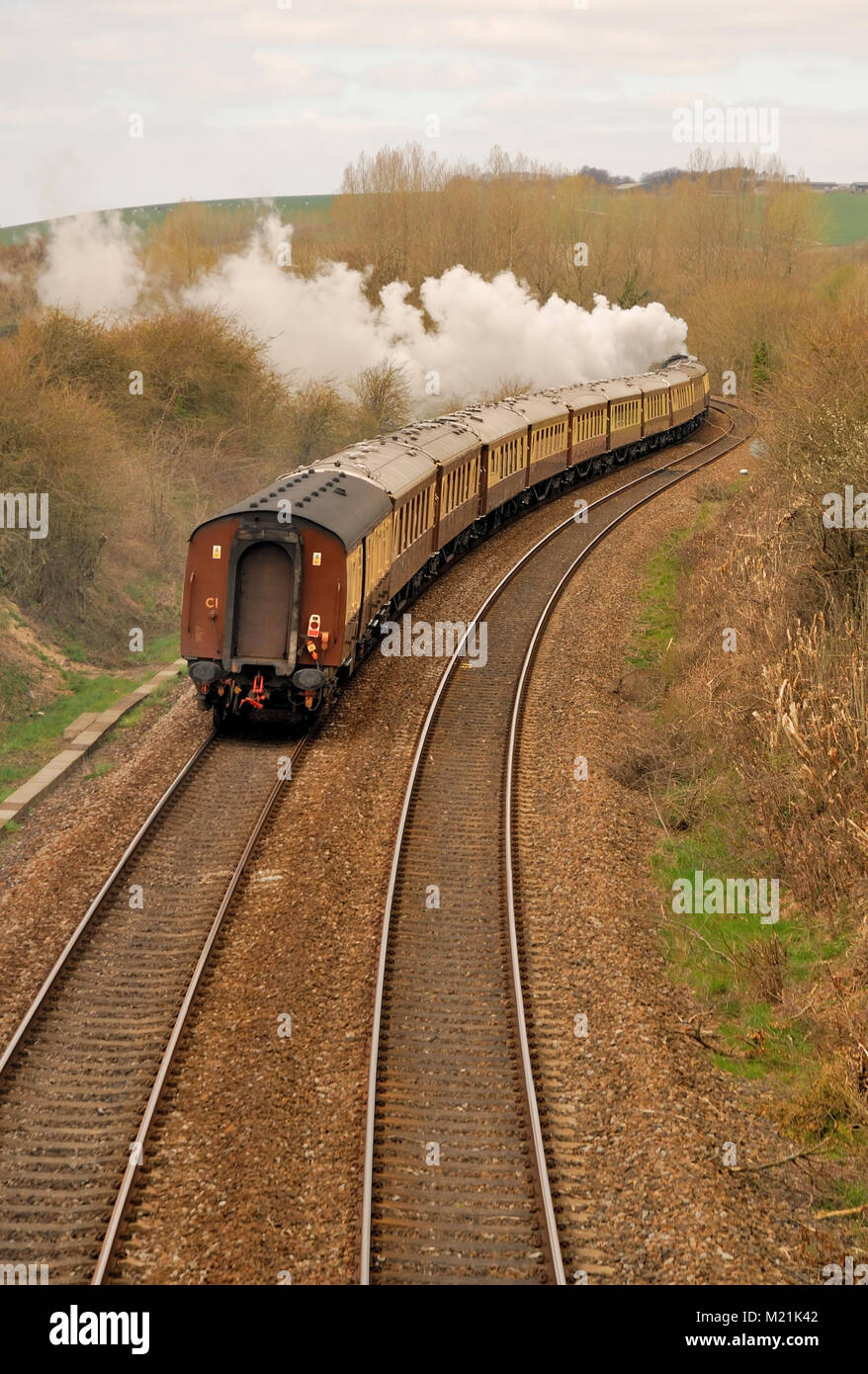 SR Merchant Navy class No 35028 'Clan Line' heads away west with a ...