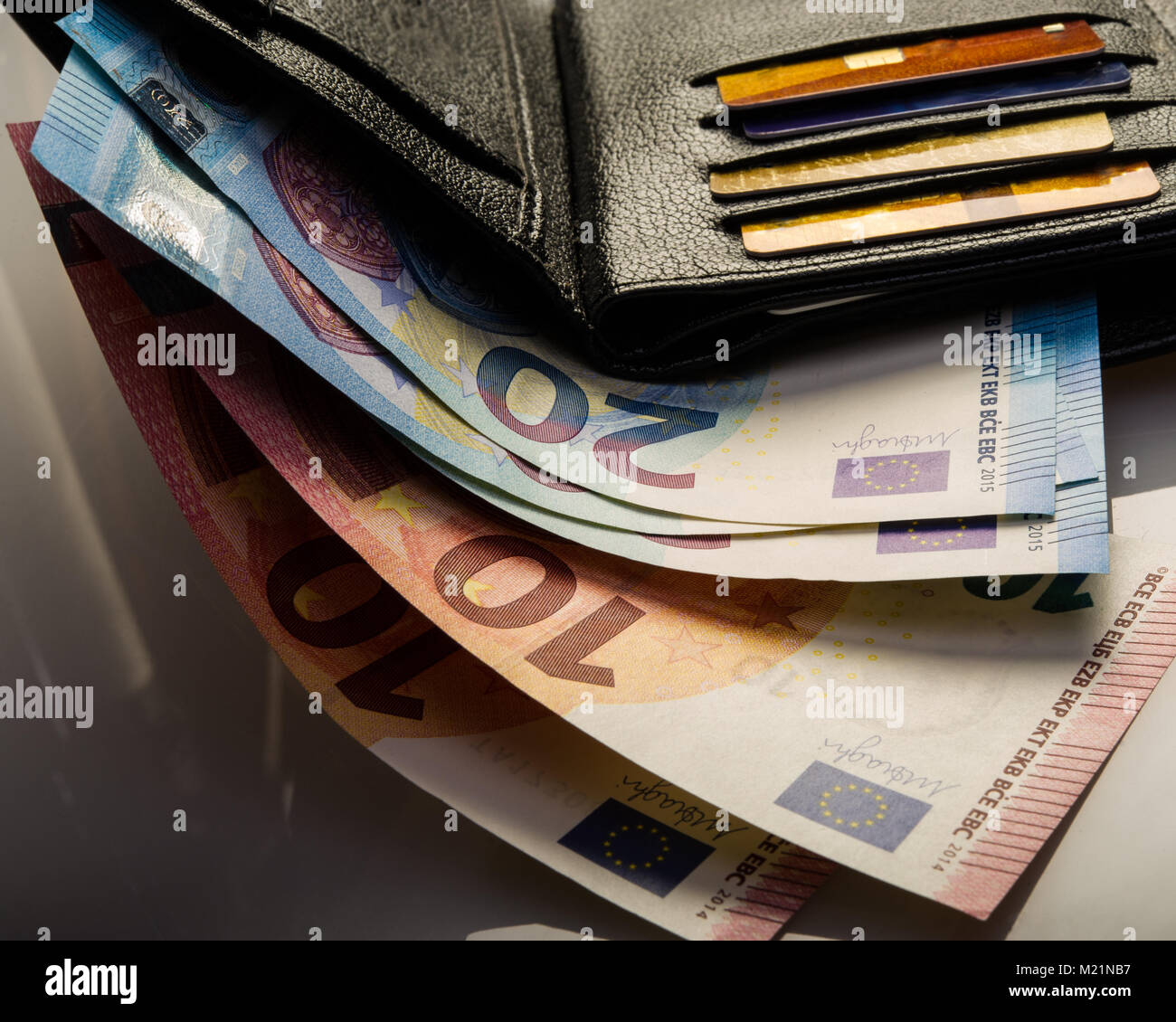 paper euro notes in a wallet and credit cards. Paper denominations of ...