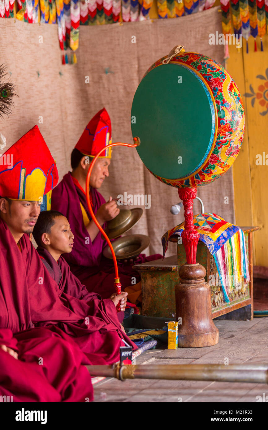 Prakhar Lhakhang, Bumthang, Bhutan. Bhuddist Monks Playing Cymbals and ...
