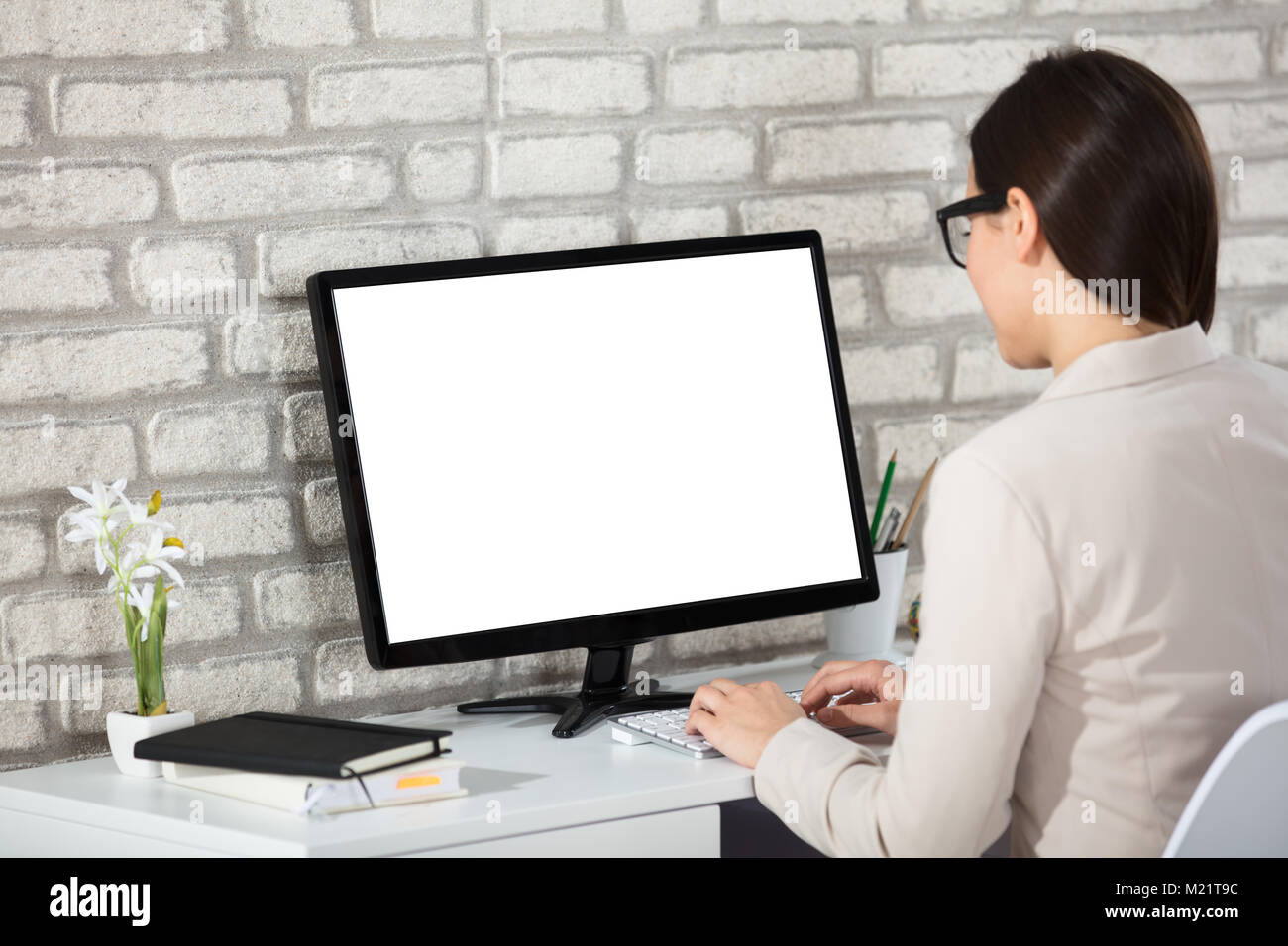 Rear View Of A Businesswoman Working On Blank White Screen Computer In ...