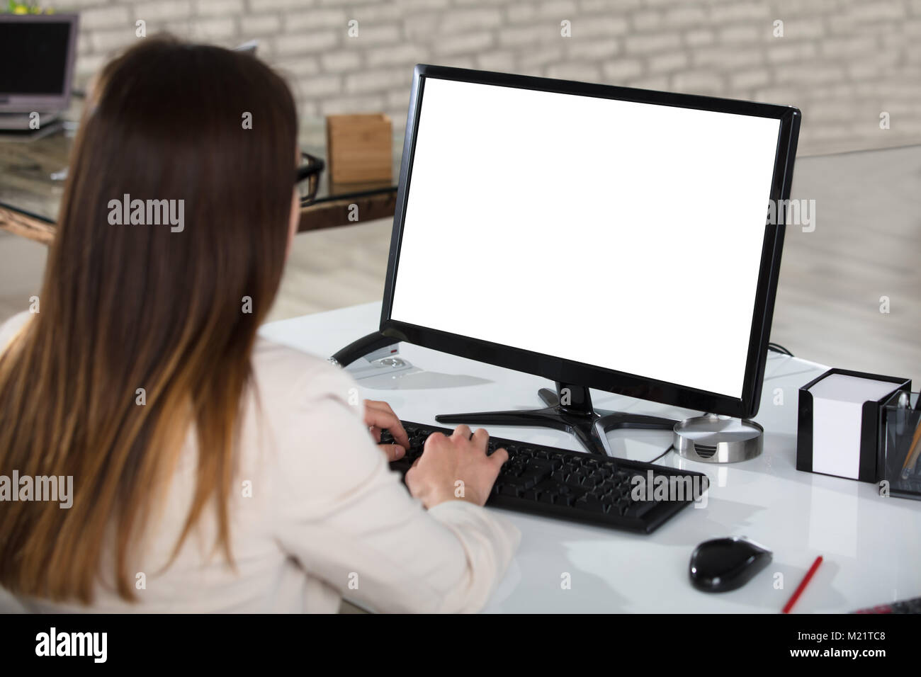 Rear View Of A Businesswoman Working On Blank White Screen Computer In ...