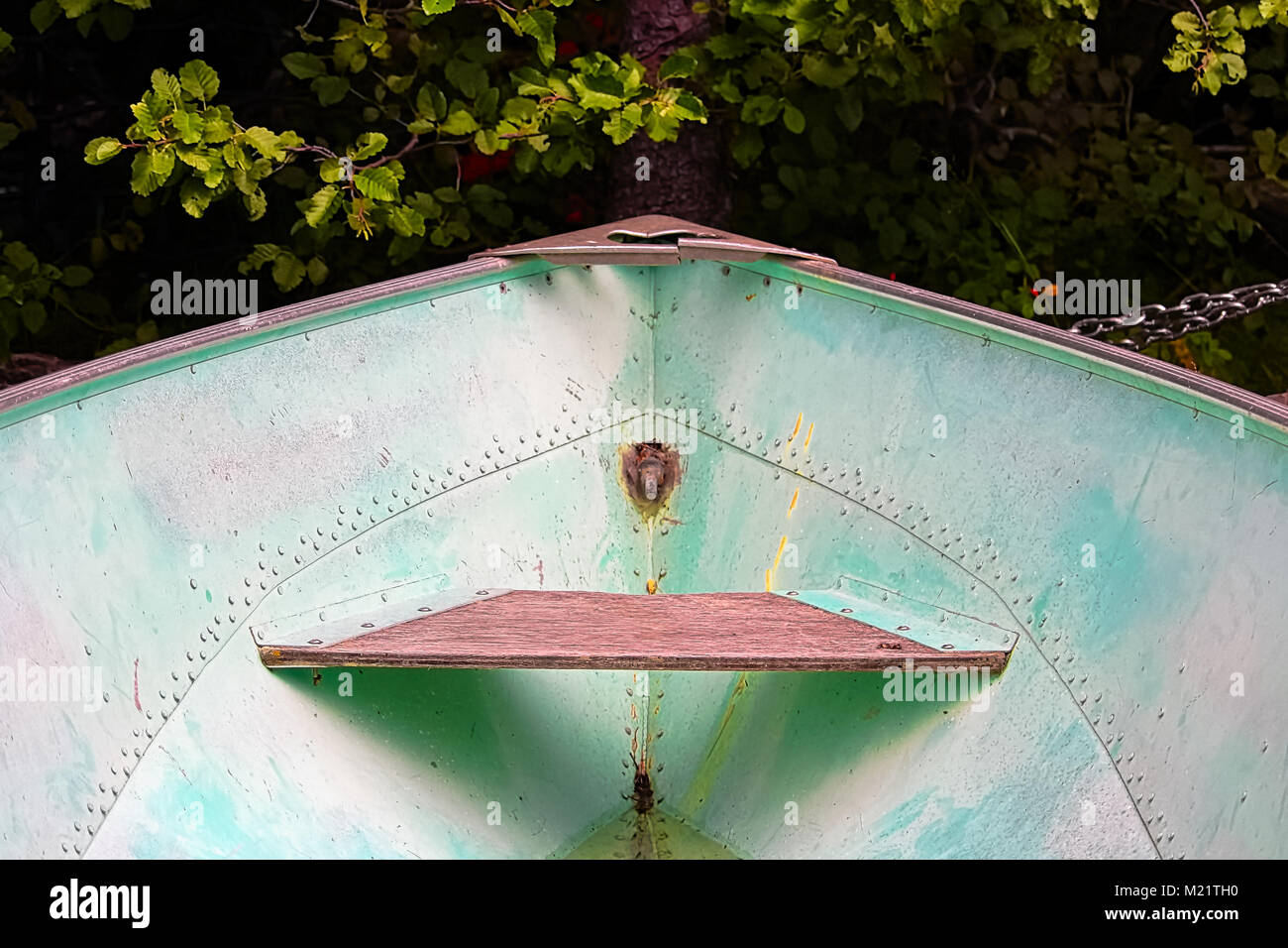 The blue bow and seat of a boat pulled up into trees Stock Photo - Alamy