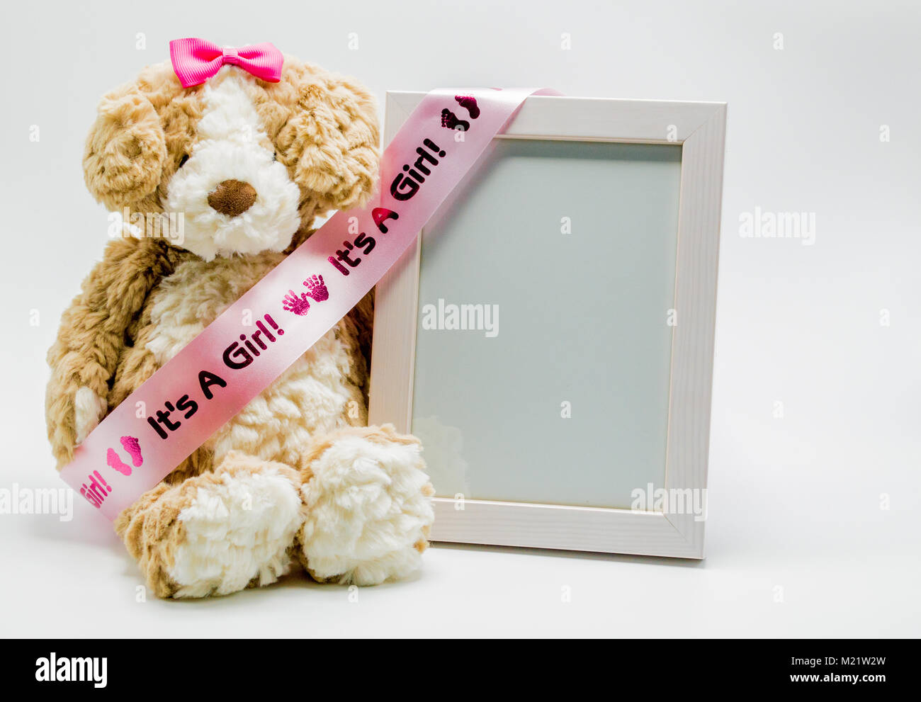 cuddly stuffed teddy bear wearing a pink satin "It's A Girl" ribbon and ...