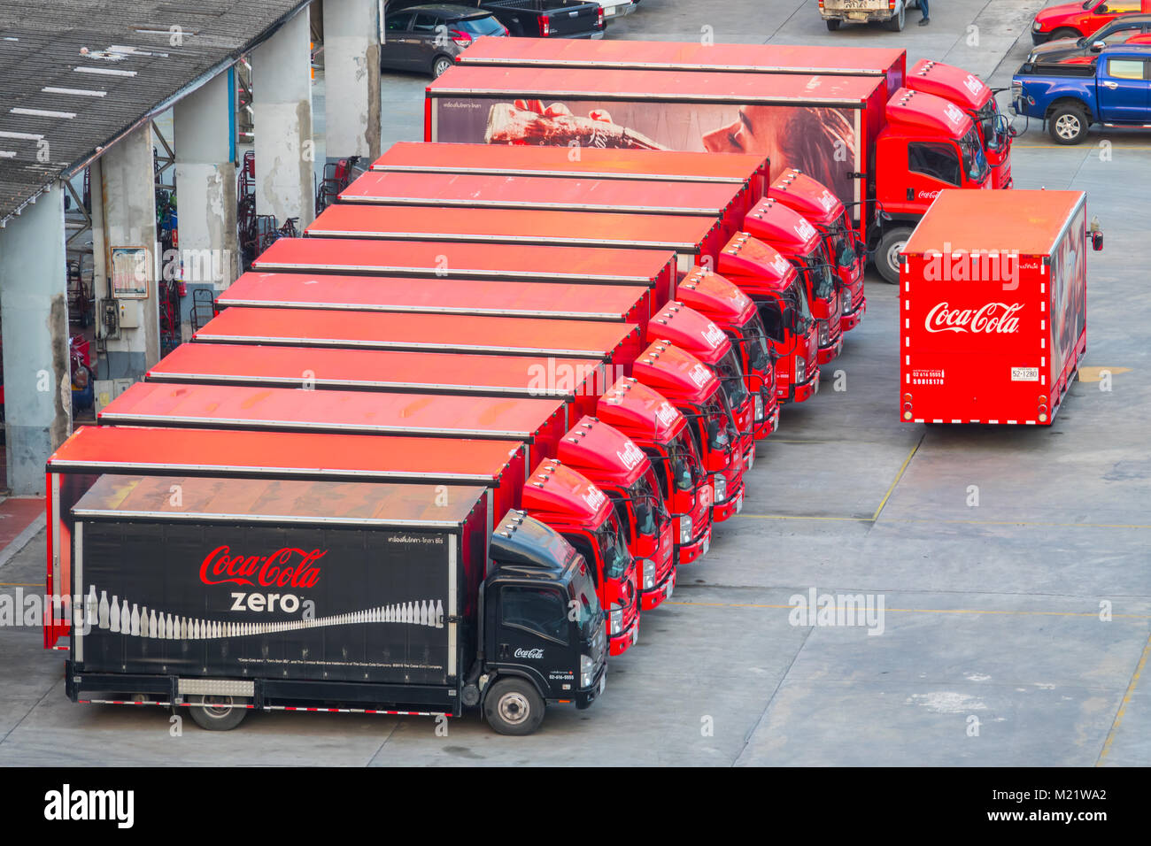 BANGKOK, THAILAND September 27, 2017 ; Row of Coca Cola truck preparing ...