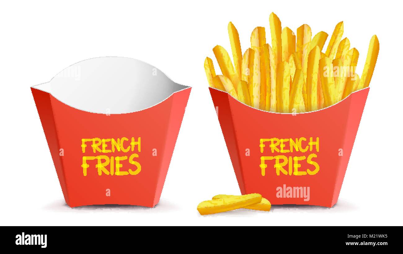 Realistic French Fries Vector. Red Paper Package. Empty And Full ...