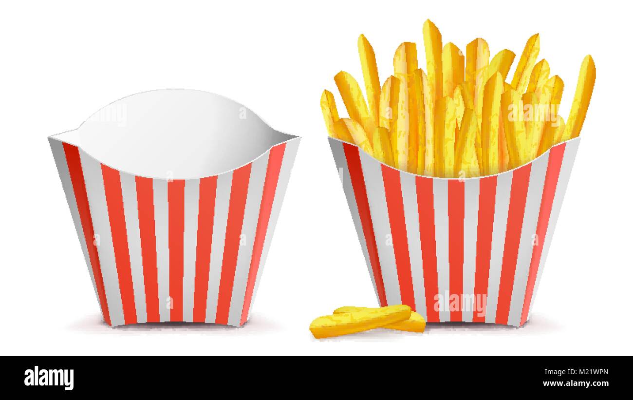 French Fries Potatoes Vector. Classic Striped Red White Paper Box ...