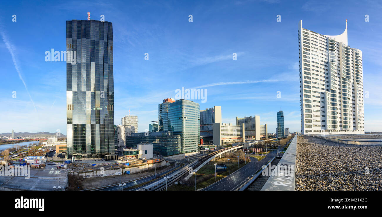 Wien, Vienna: river Neue Donau (New Danube), Donaucity, DC Tower 1, VIC ...