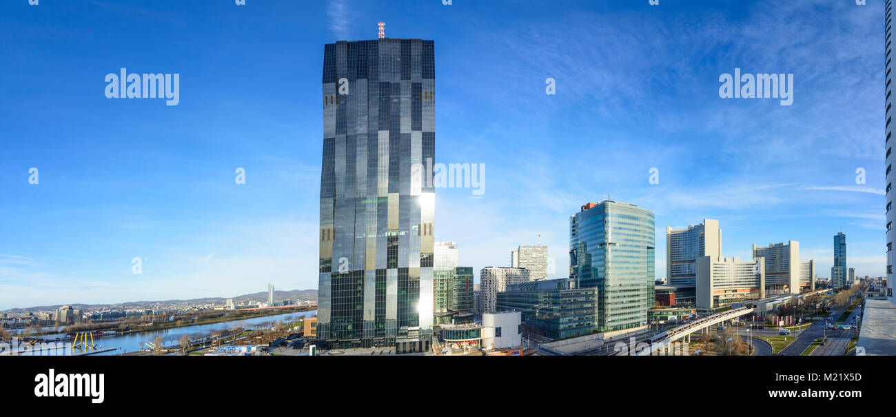 Wien, Vienna: river Neue Donau (New Danube), Donaucity, DC Tower 1, VIC ...