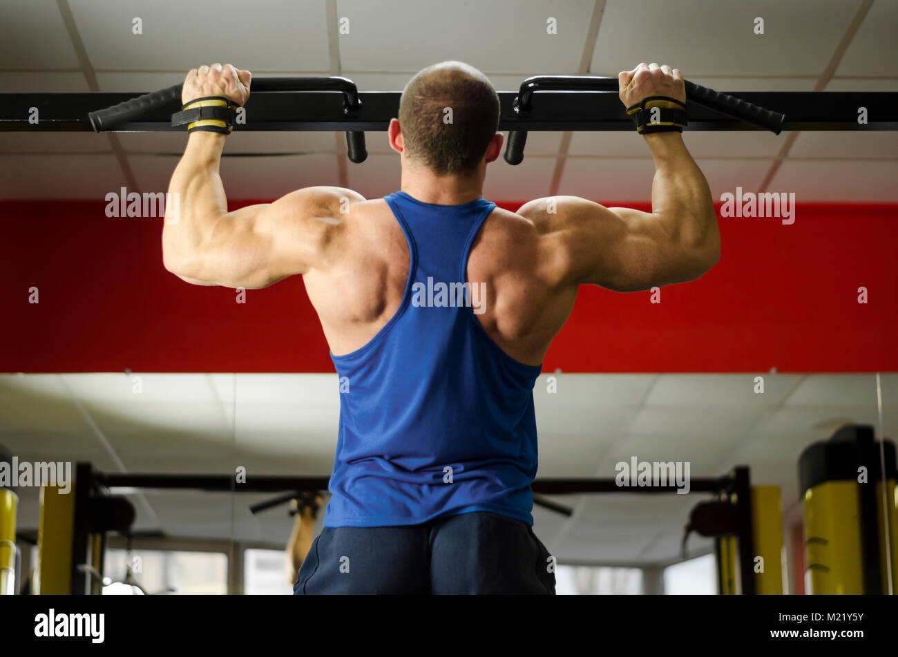 Male heavyweight athlete doing pull-ups, perfect masculine body ...
