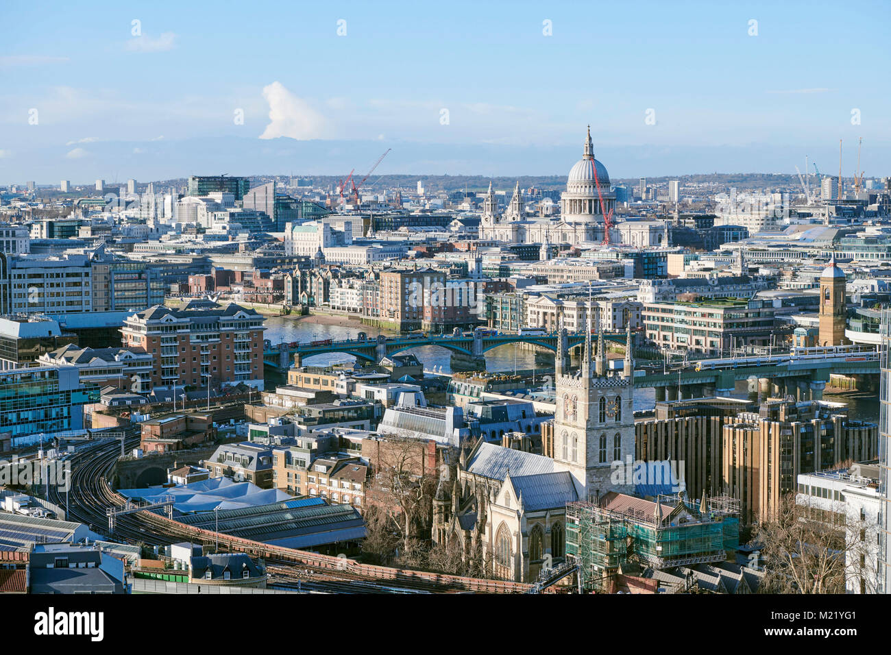 A high level view of London and the river Thames, looking up river from ...